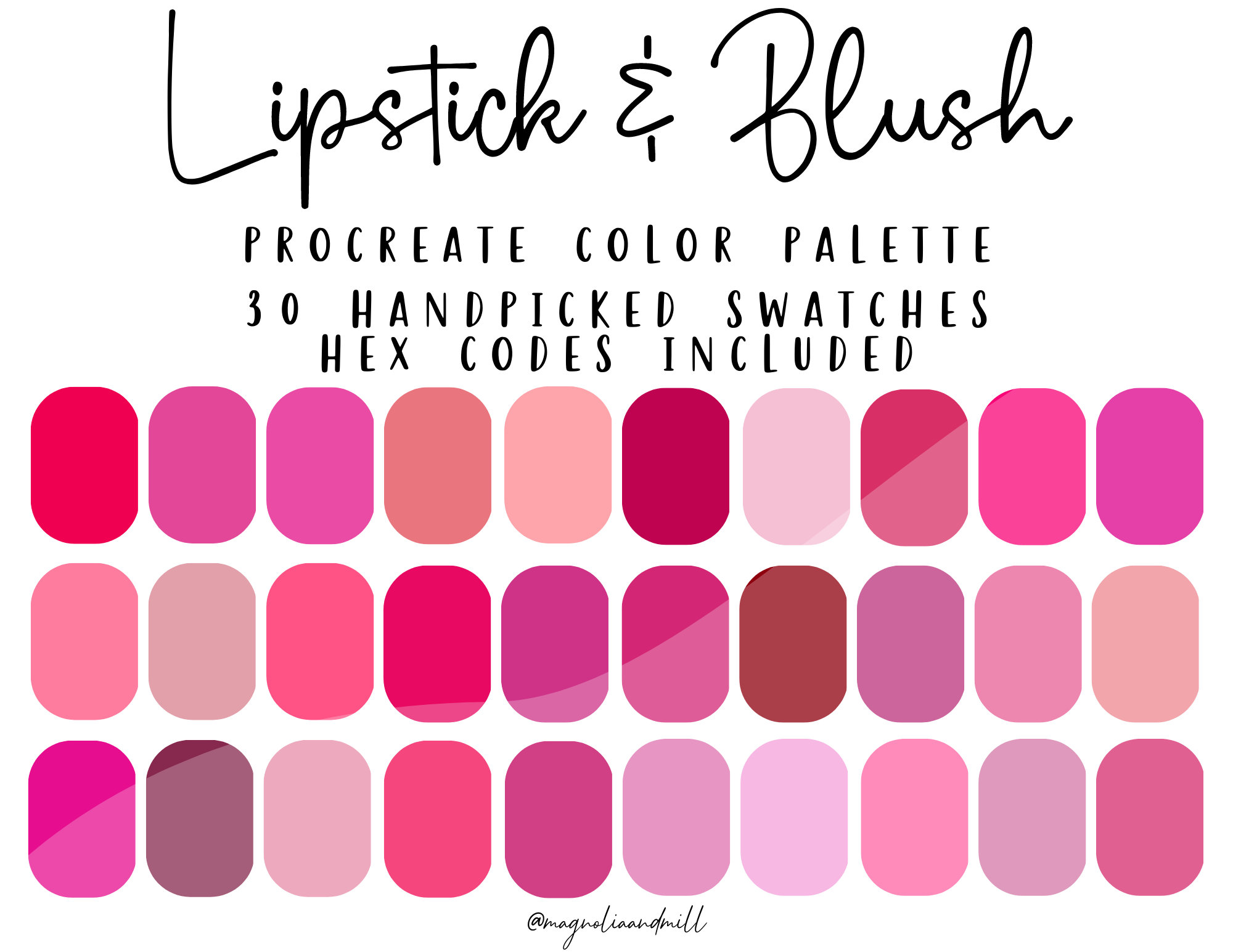 Lipstick & Blush Procreate Color Palette: 30 Pink Swatches (digital ...