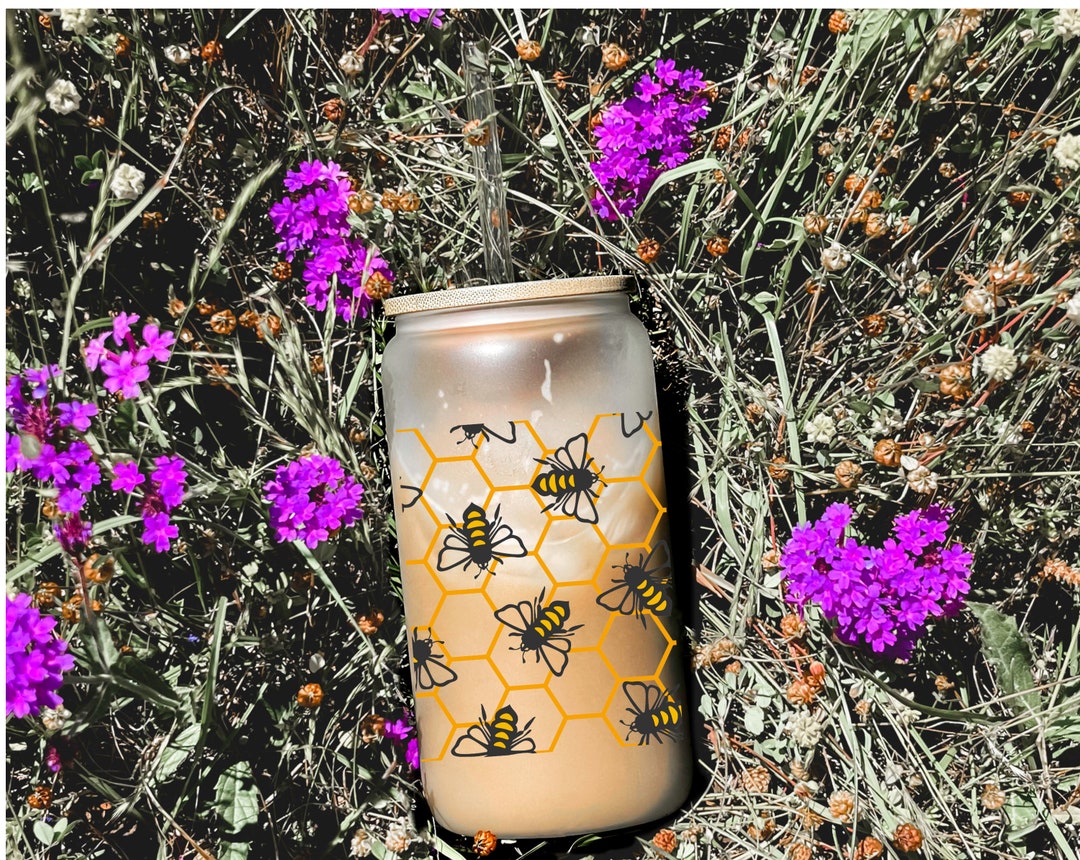 Bee & Honeycomb Transparent Design Glass and Bamboo Sipper Glass, 16oz ...