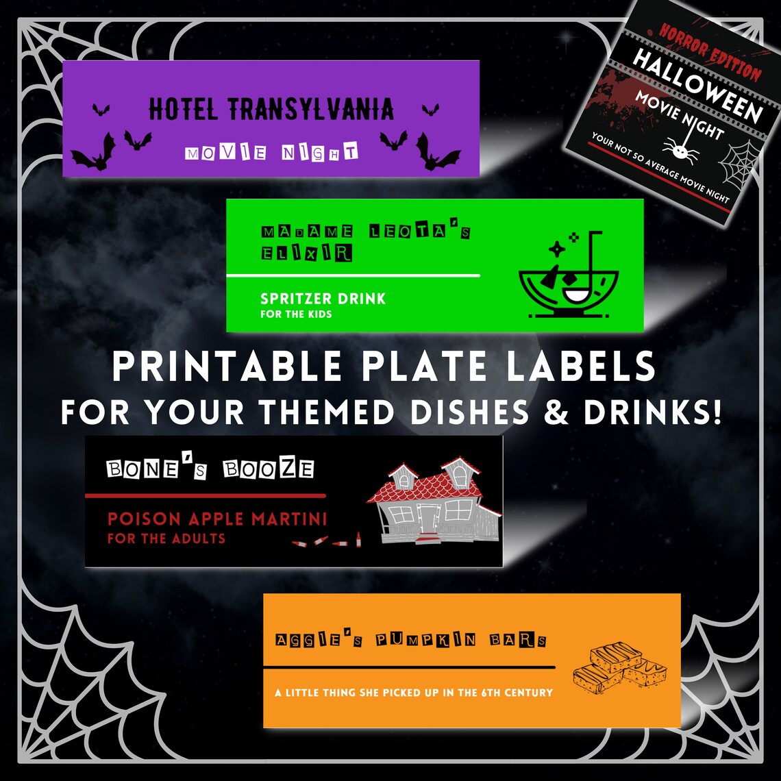 Halloween Movie Night Horror Edition Tent Cards, Printable, Table Place ...
