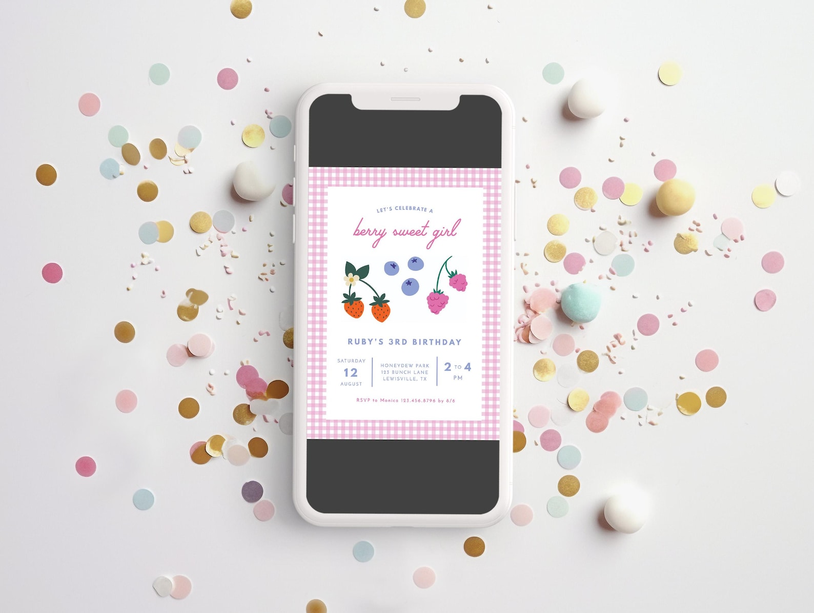 Berry Sweet Birthday Invitation: Fruit Salad Theme, Pink Gingham ...