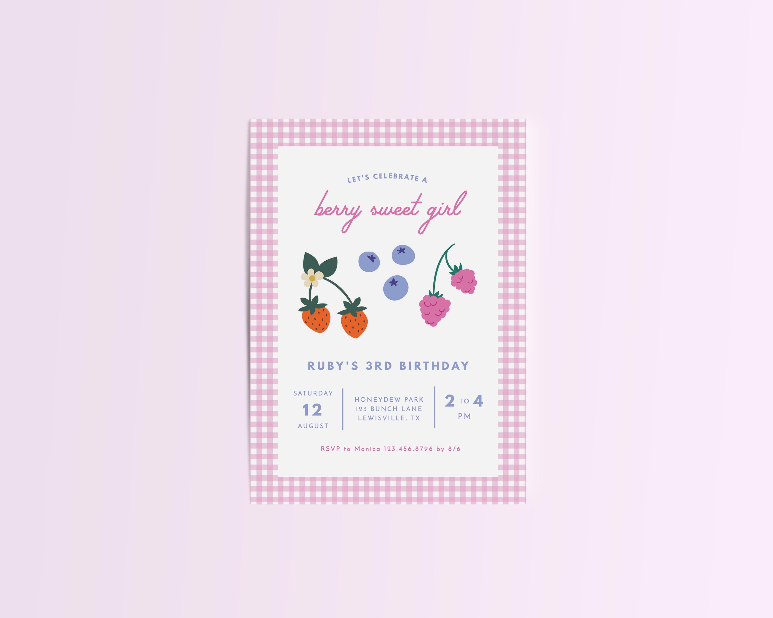 Berry Sweet Birthday Invitation: Fruit Salad Theme, Pink Gingham ...