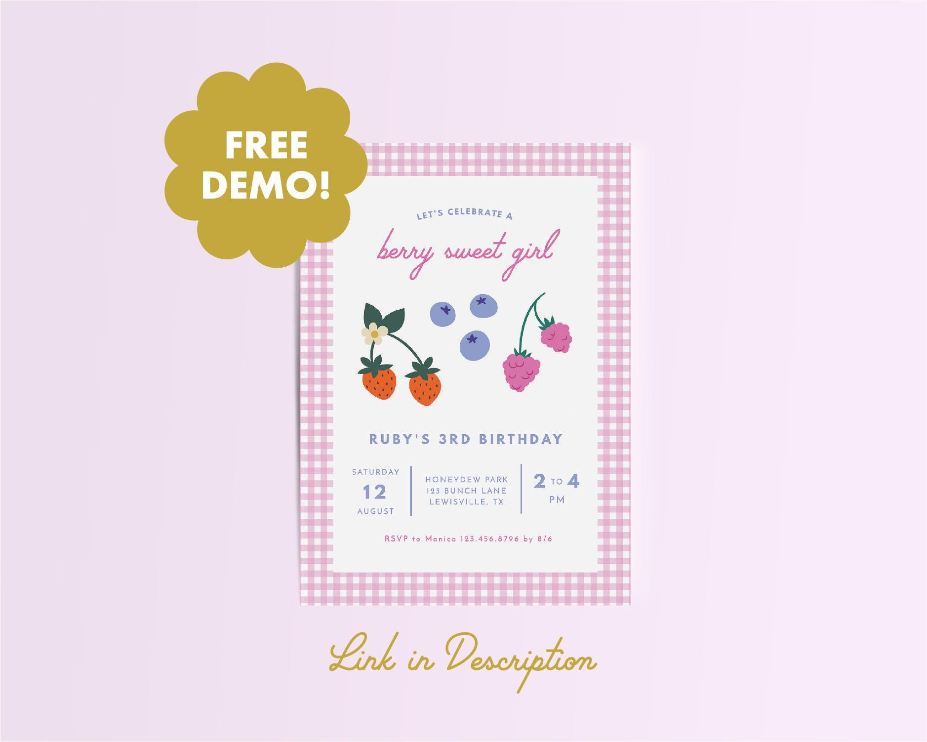 Berry Sweet Birthday Invitation: Fruit Salad Theme, Pink Gingham ...
