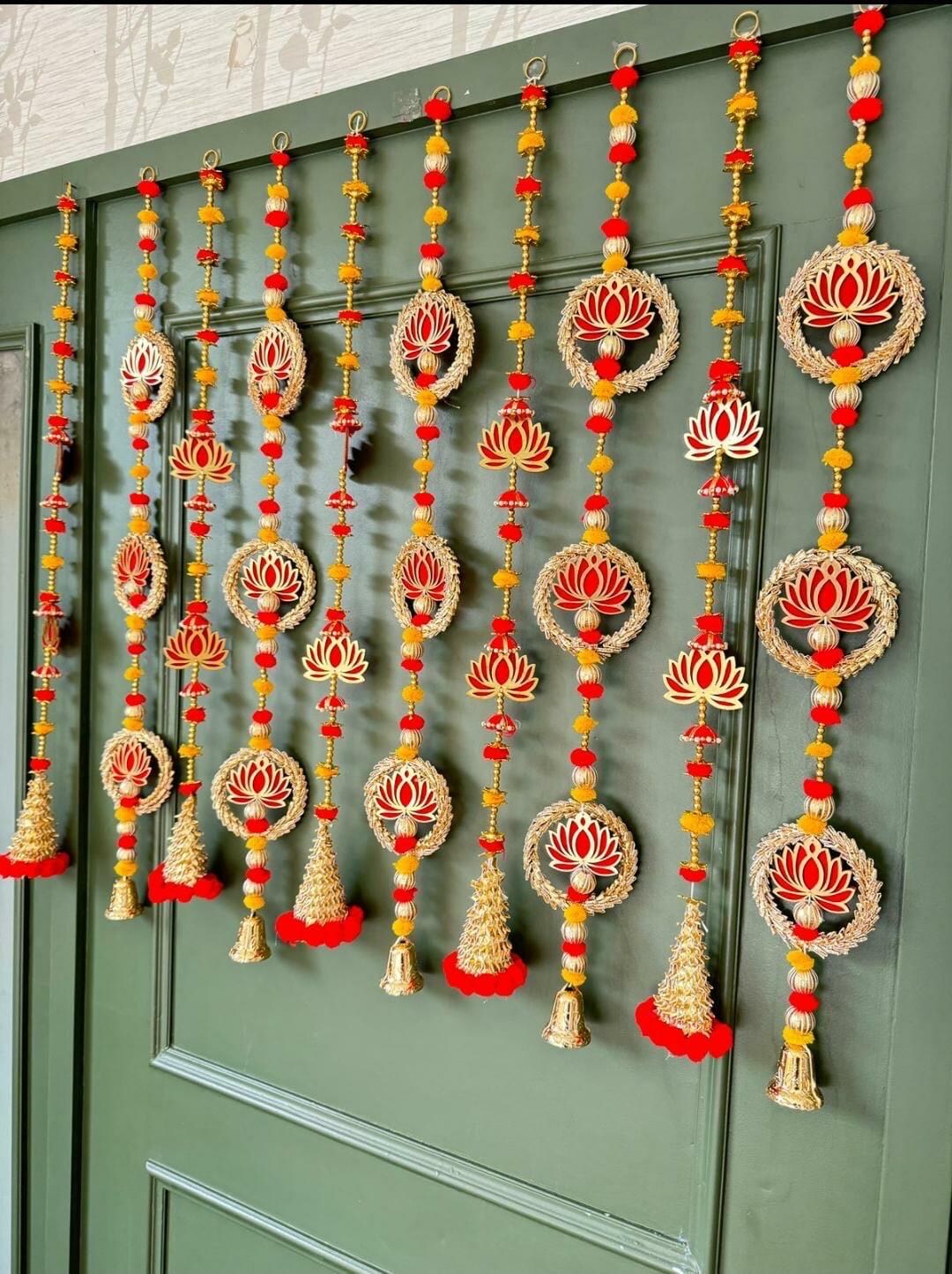 Set of 10 Decorative Lotus and Pompom Hangings With Bells – Perfect for ...