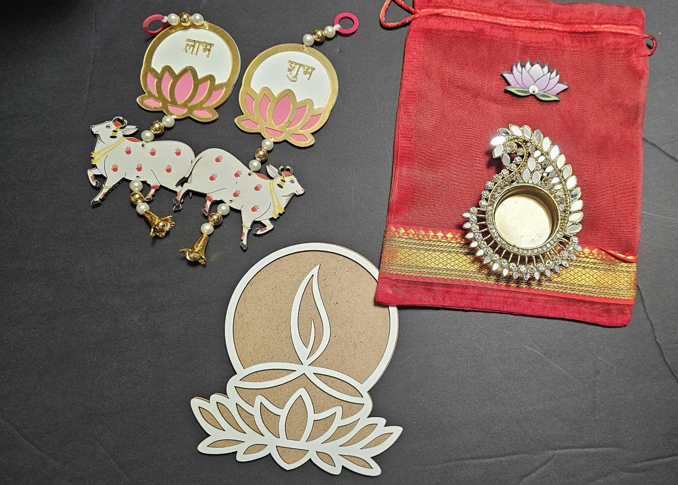 Diwali Gift Box With Tealight Candle Holders, Shubh Labh & Rangoli MDF ...
