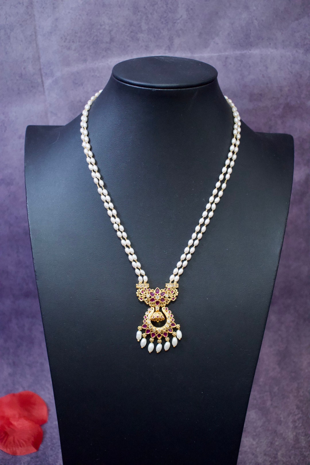 Rani Haram Set - White Elongated Long Beads Necklace With Rice Pearl ...