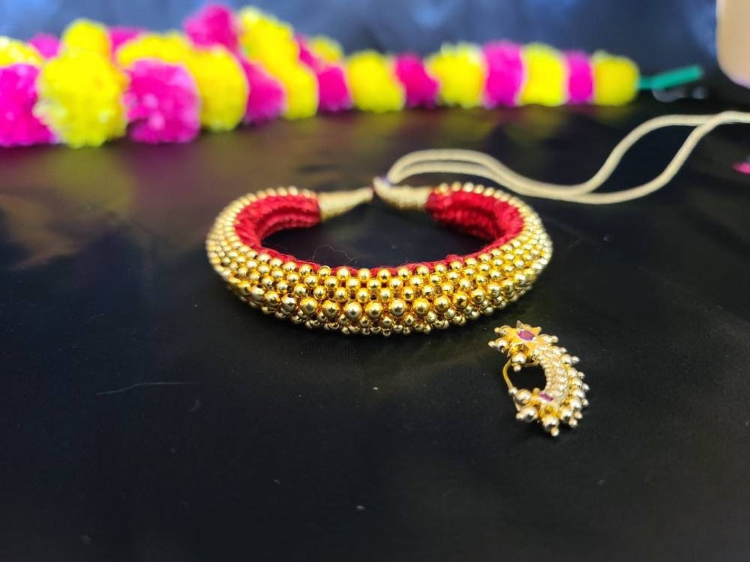 Kolhapuri Thushi With Nath (gold) / Indian Gold Necklace Set/ Indian ...
