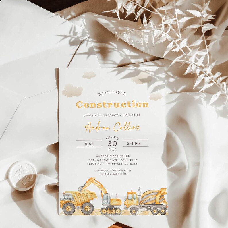 Construction Baby Shower Invitation: Yellow Trucks, Digger Theme ...