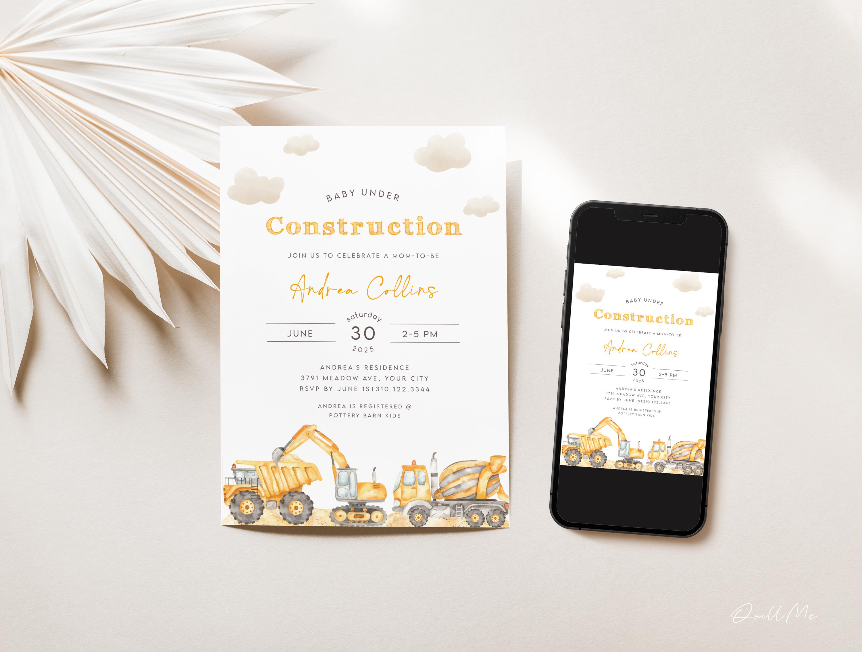 Construction Baby Shower Invitation: Yellow Trucks, Digger Theme ...