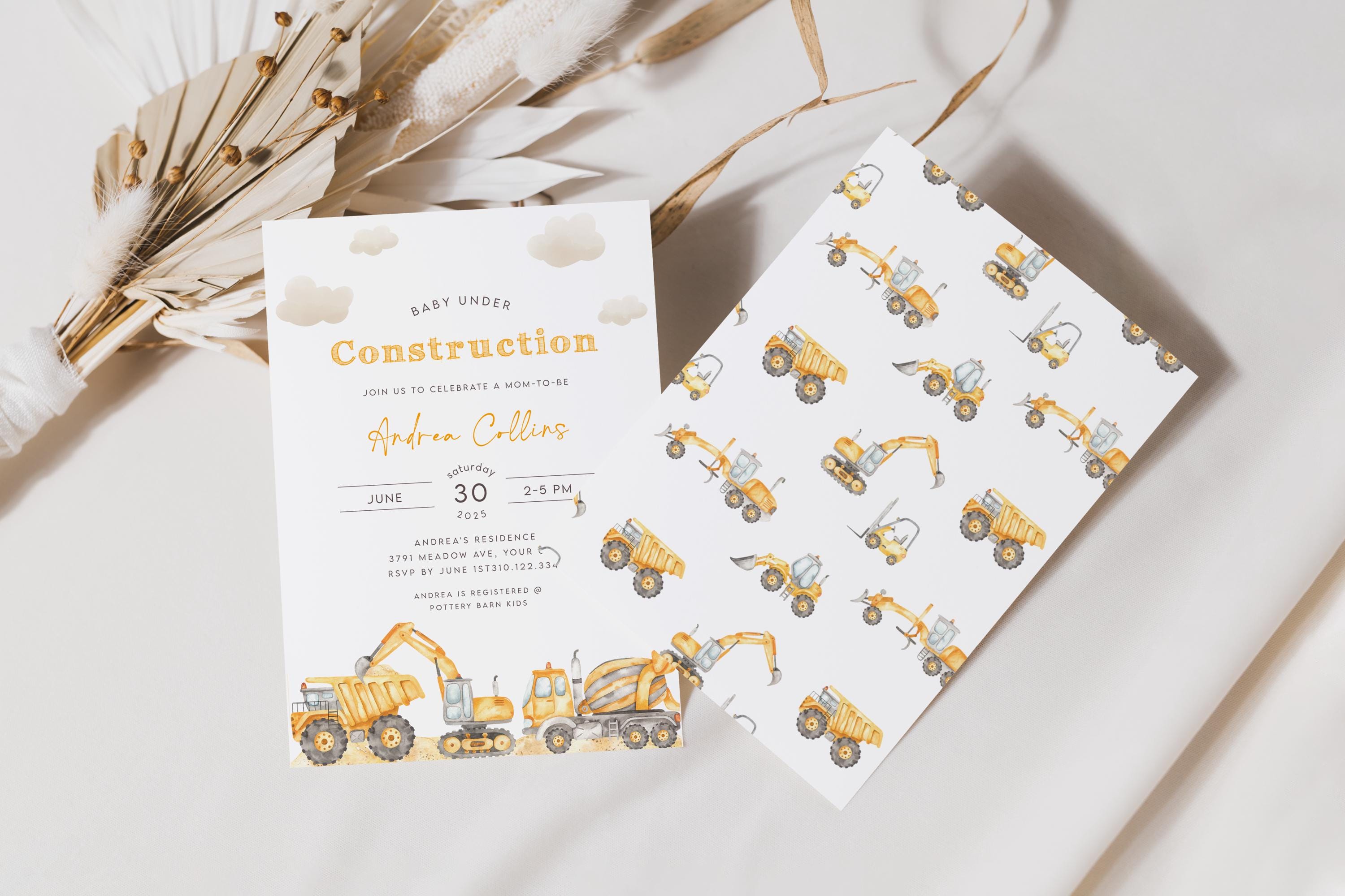 Construction Baby Shower Invitation: Yellow Trucks, Digger Theme ...
