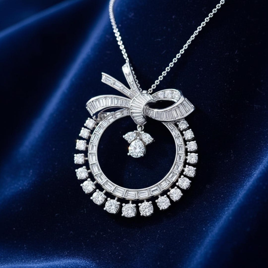 Circular Bow Motif Brooch With Pendant, Ribbon Bow Inspire Necklace ...