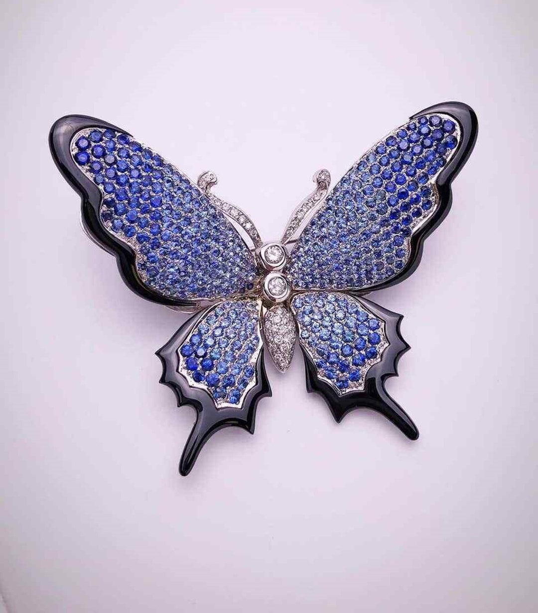 Sapphire & White Pave Diamond Brooch, Butterfly Inspired Cocktail ...