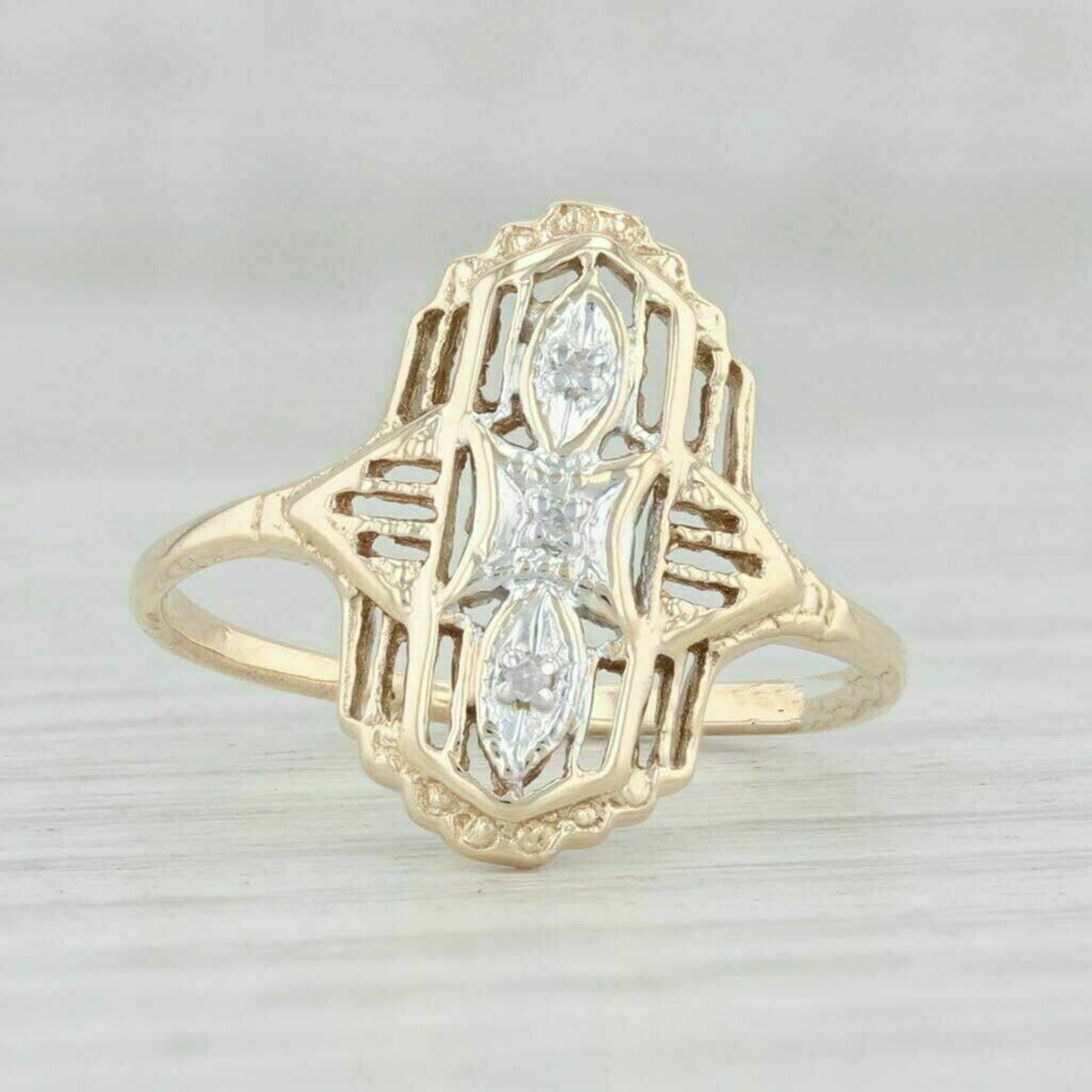 Three Stone Moissanite Diamond Ring, Vintage Style Engagement Ring, Art ...