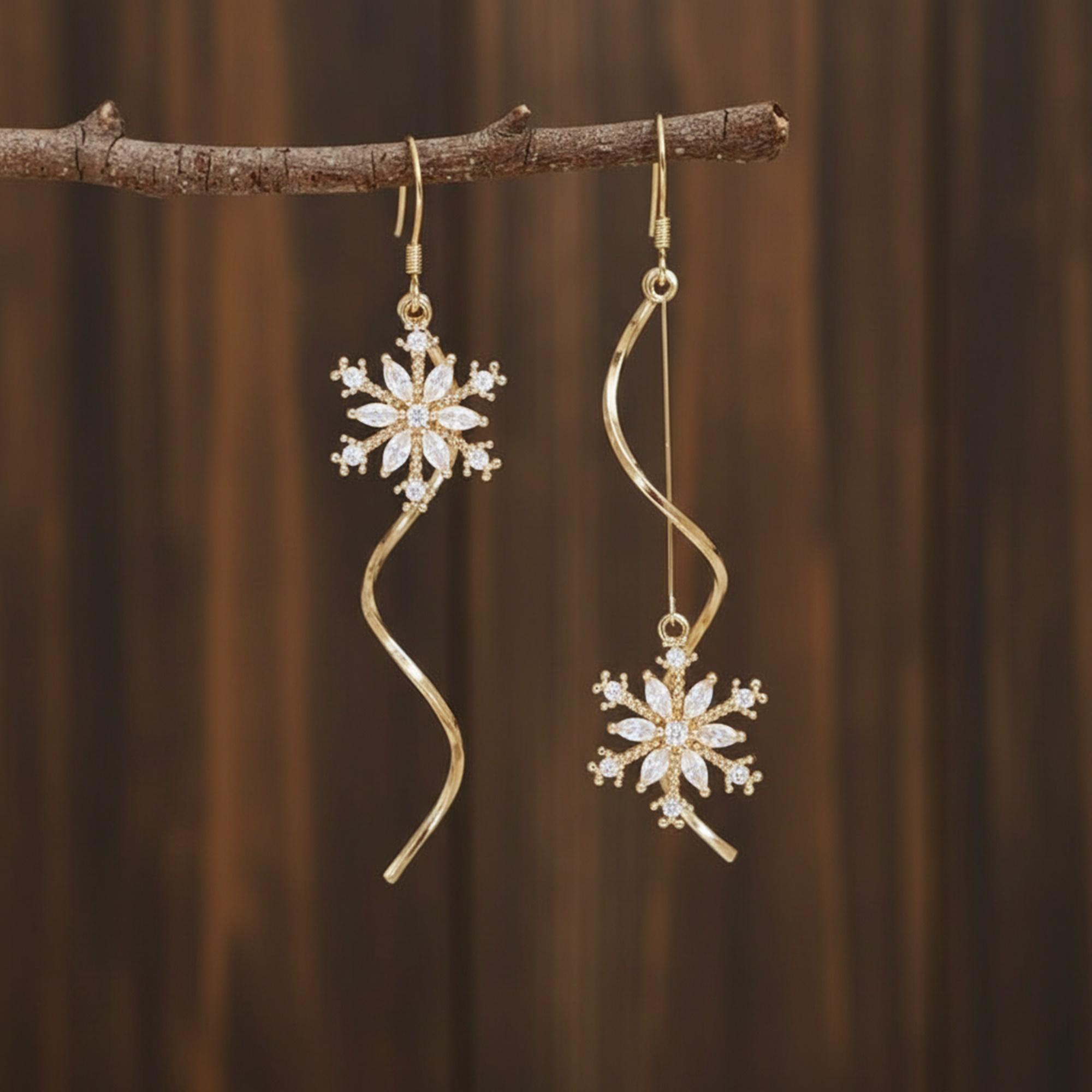 14K Gold Snowflake Dangle Earrings, Winter Snowflake Jewelry, Round ...