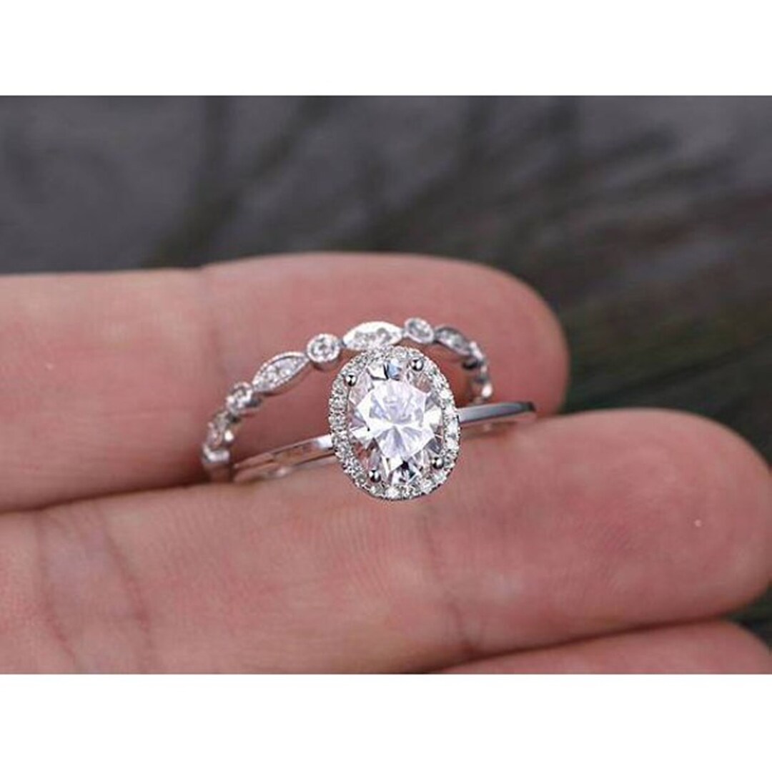 Two Piece Ring Set, 86MM Oval Cut CZ or Moissanite Halo Set Engagement ...