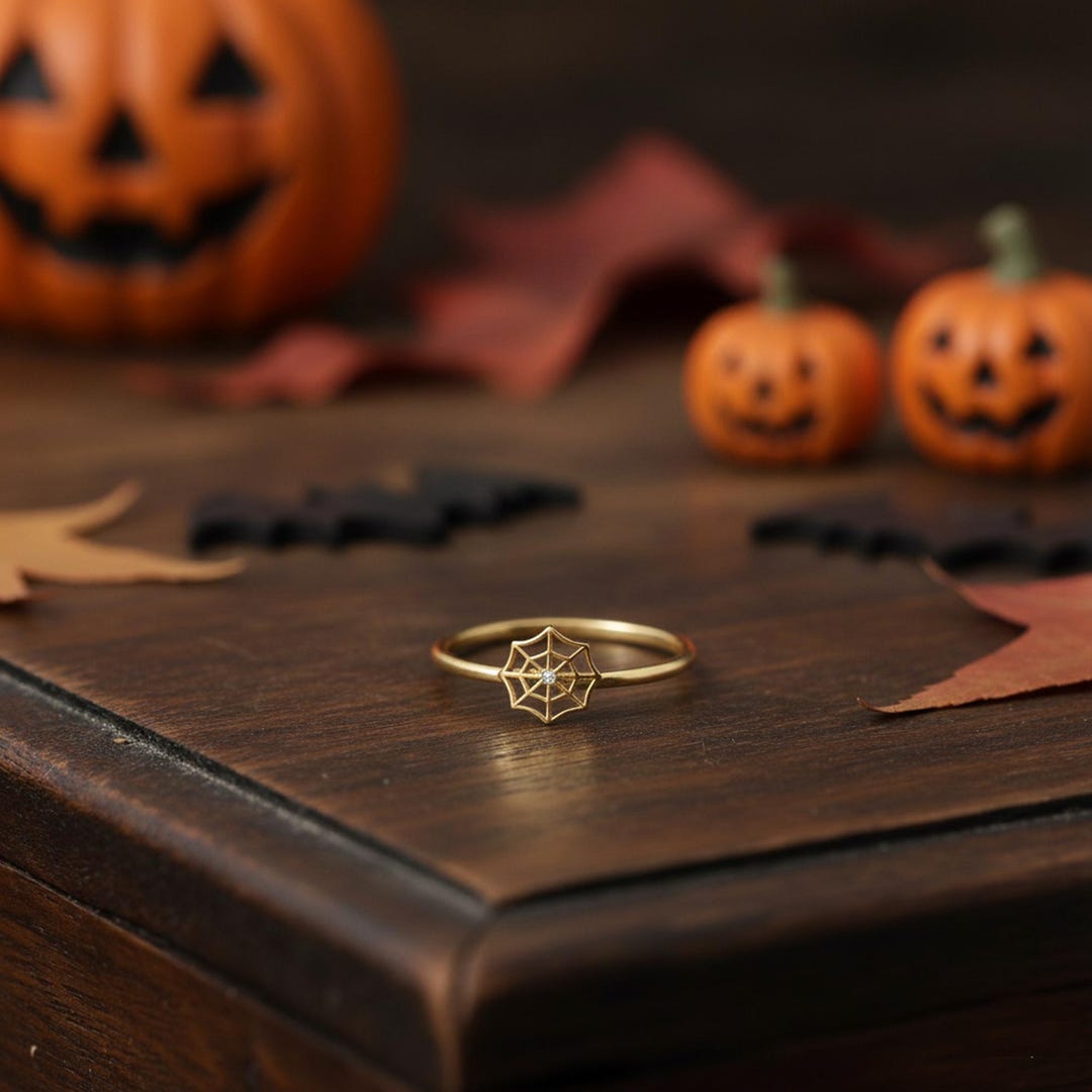 Solid Gold Spider Web Ring, Web Design Solitaire Ring, Minimalist ...