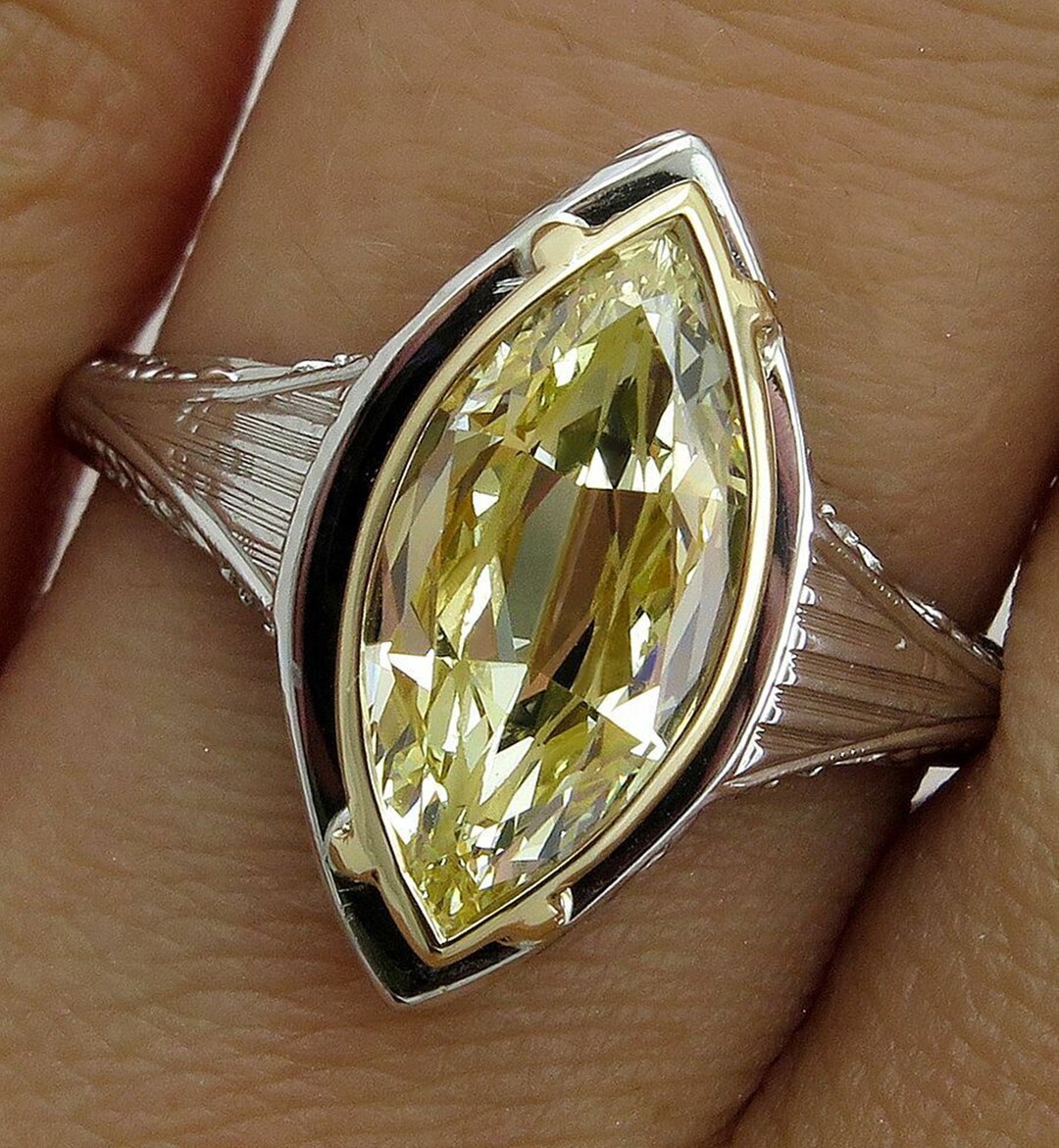Canary Yellow Marquise & Round Cut Diamond Bezel Set Ring, Vintage ...