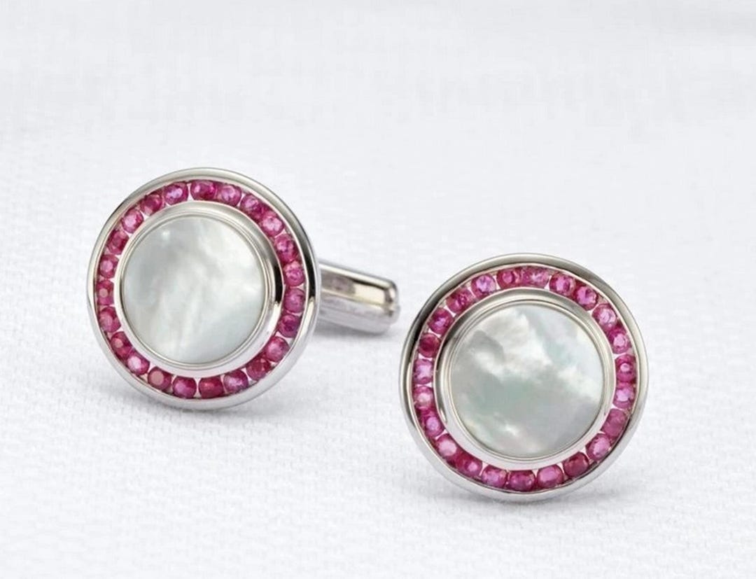 Bezel Set Pearl Cufflink, Halo Ruby Cufflink, Pearl With Round CZ Stone ...