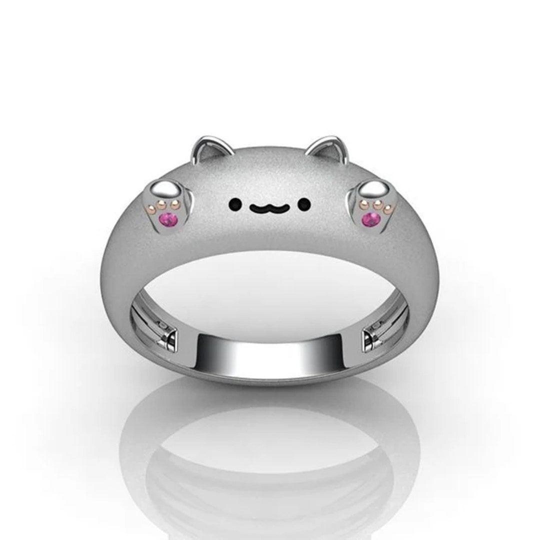 Pretty Bongo Cat Ring, 925 Silver Meme Ring, Round CZ Pink Stone Ring ...