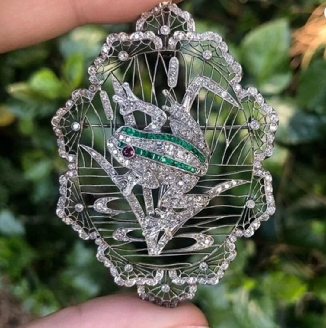 FROG Inspired Brooch, Victorian Openwork Brooch, Emerald & Diamond Pin ...