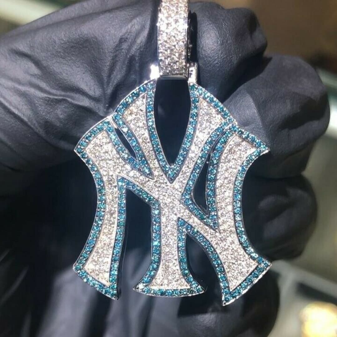 New York Yankees Pendant, White and Blue Round Cut CZ Stone Pendant ...
