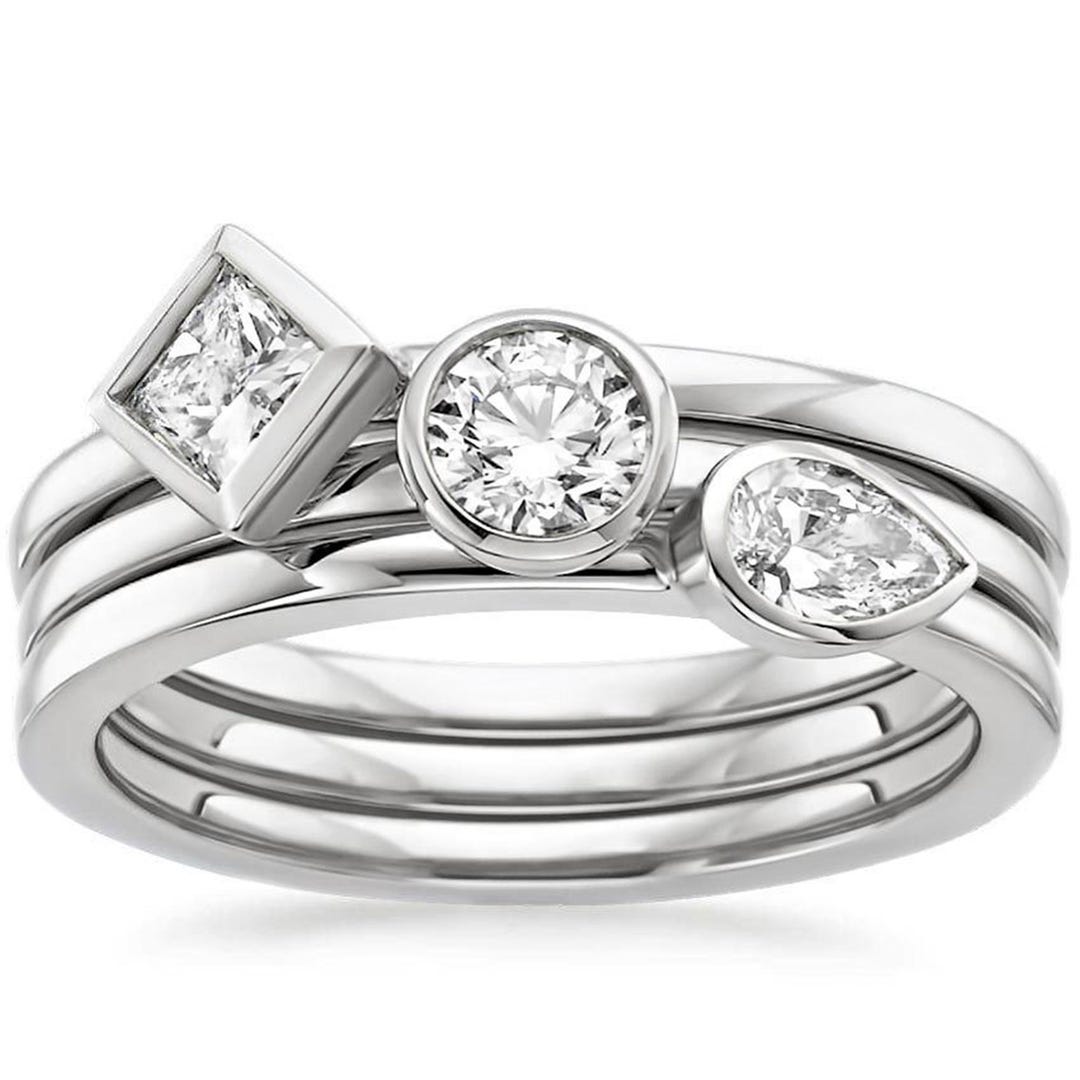 Bezel Set Three Stone Ring, Multi Cut Moissanite Diamond 14K Gold Ring ...