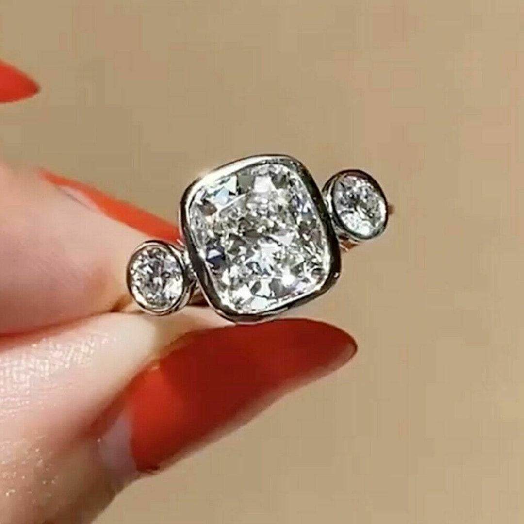 Bezel Set Three Stone Ring, Cushion and Round Cut Moissanite Diamond Ring, Wedding Engagement ...