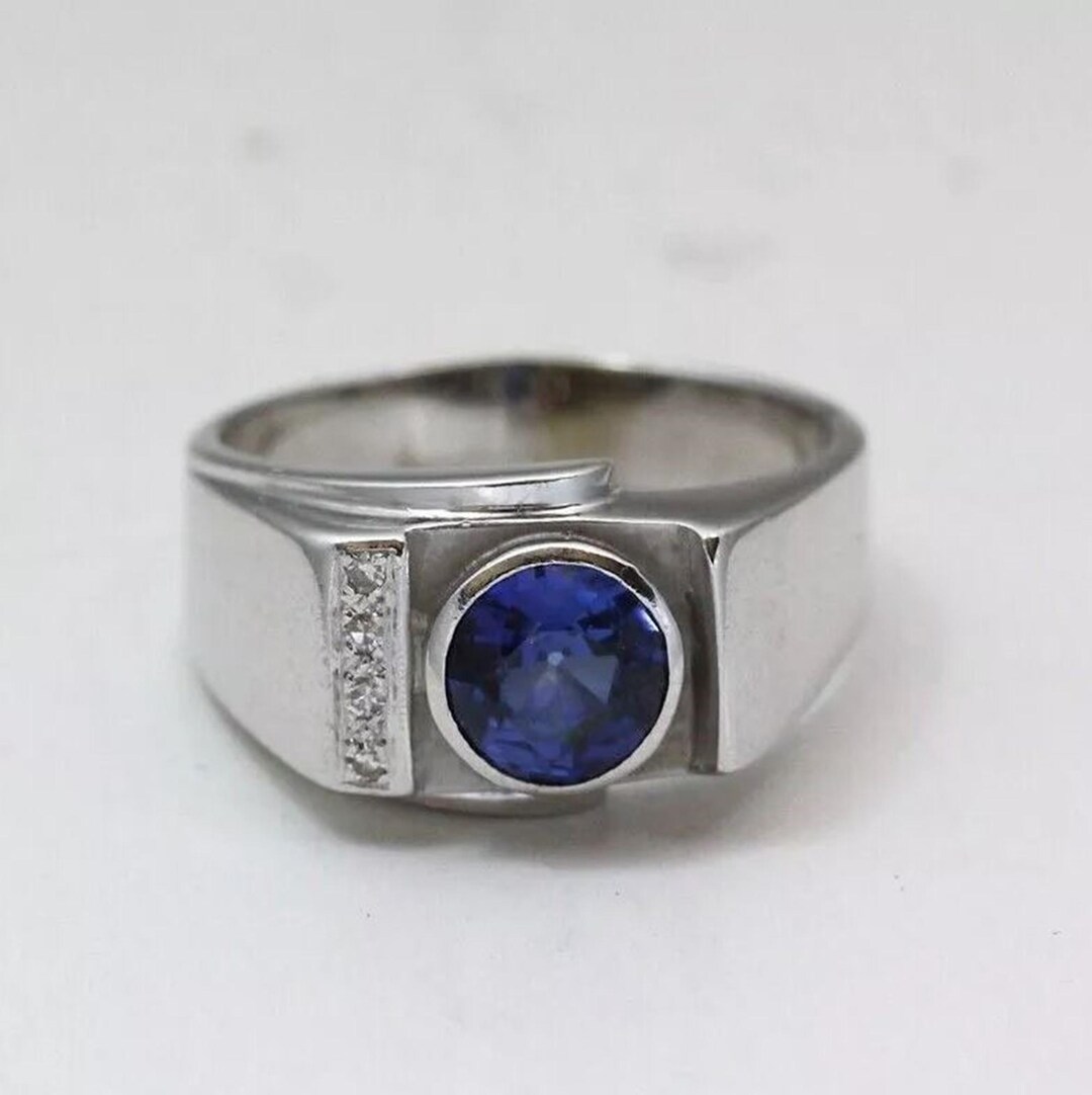 Sapphire & White Round CZ Stone Men's Ring, 925 Silver Wedding Ring ...