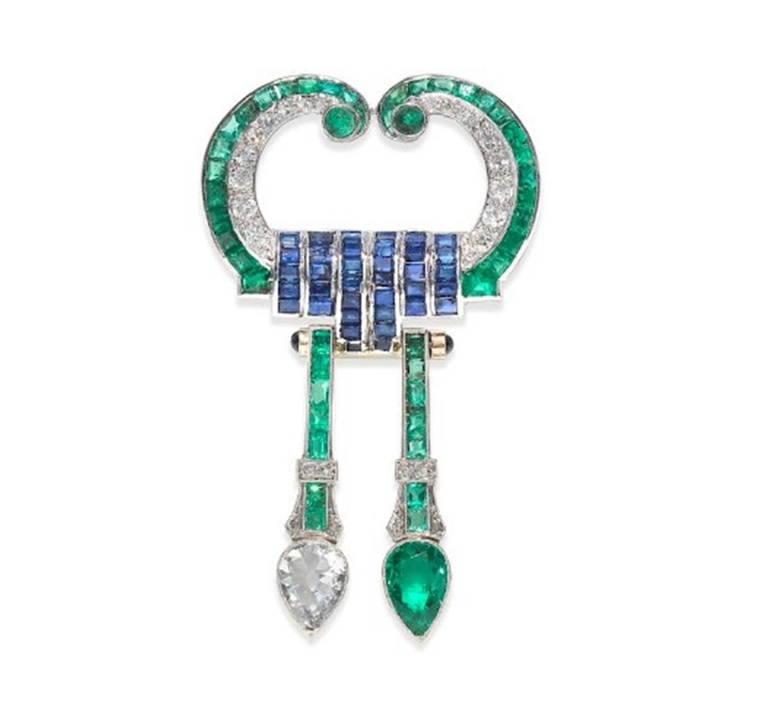 Emerald & Sapphire Brooch, Multi Color Stone Brooch, Art Deco Multi ...
