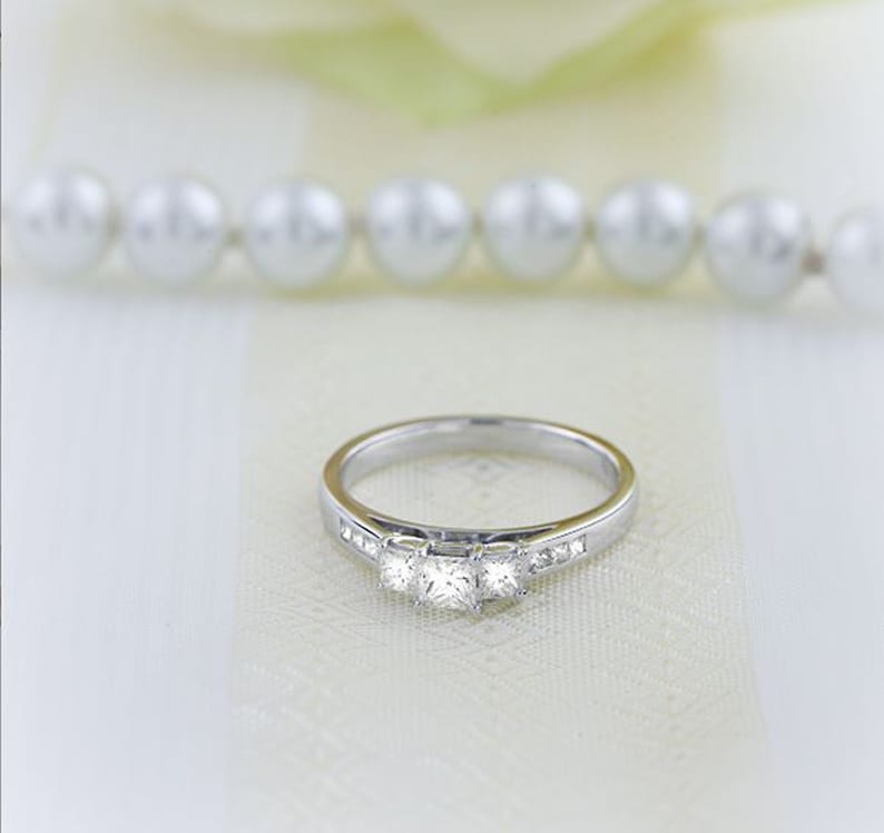 Stunning Princess Cut Moissanite Diamond Ring, Three Stone Engagement ...