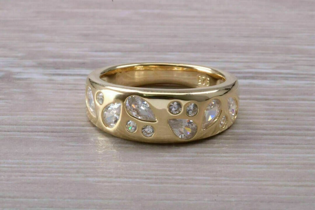 Flush Set Pear & Round Diamond Ring, 14K Yellow Gold Wide Wedding Band ...