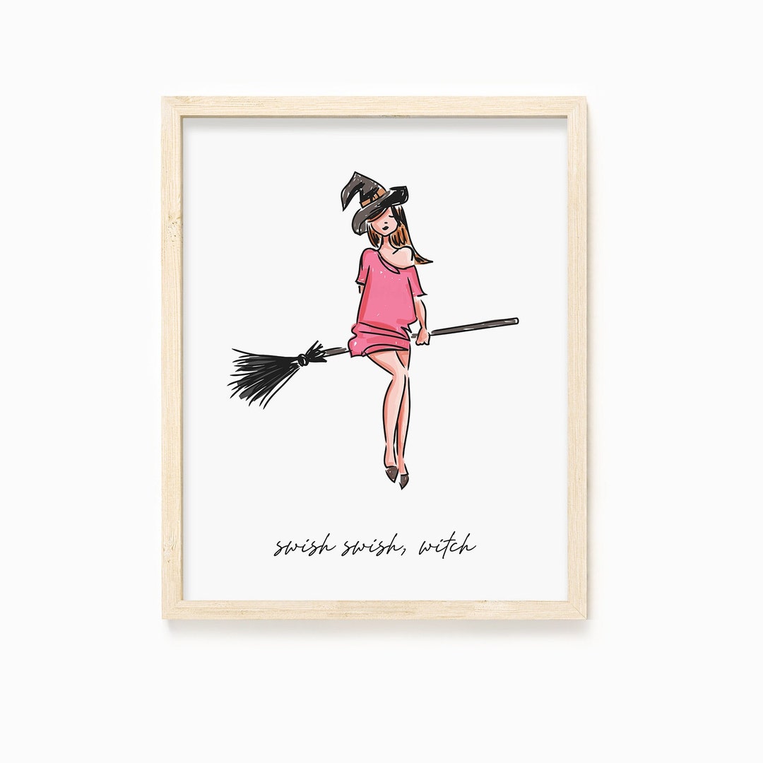 Cute Pink Witch Halloween Printable Wall Art, Room Decor, Swish Swish ...