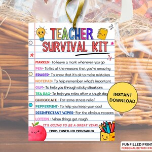 Back to School Teacher Survival Kit Tag, Teacher Gift, New Teacher Back ...