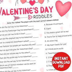 Valentine Riddles Game, Printable Valentines Party Game, Kids Valentine ...