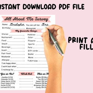 Favorites Survey, All About Me Printable, Questionnaire, My Favorite ...