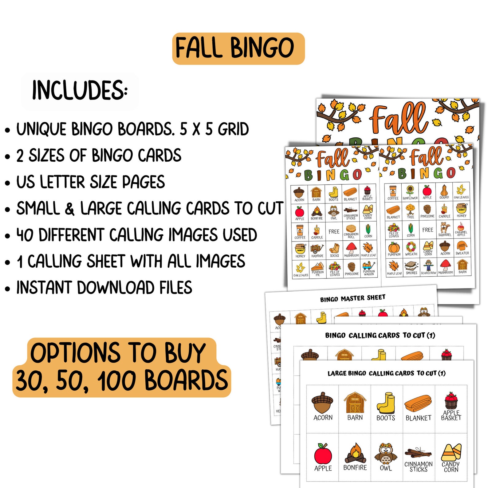 Fall Bingo, 20 Autumn Bingo Cards, Printable Fun Fall Party Games, Fall ...