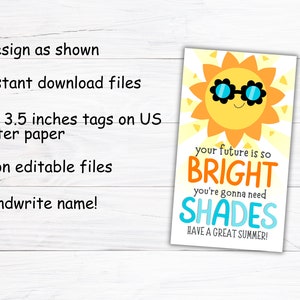 End of School Year Sunglasses Gift Tags, PRE-K Kindergarten Preschool ...