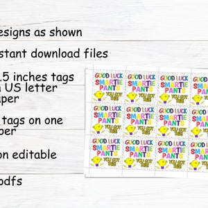 Teacher Testing Day Snack Tag Printable, Smarties Candy Tag, Good Luck ...