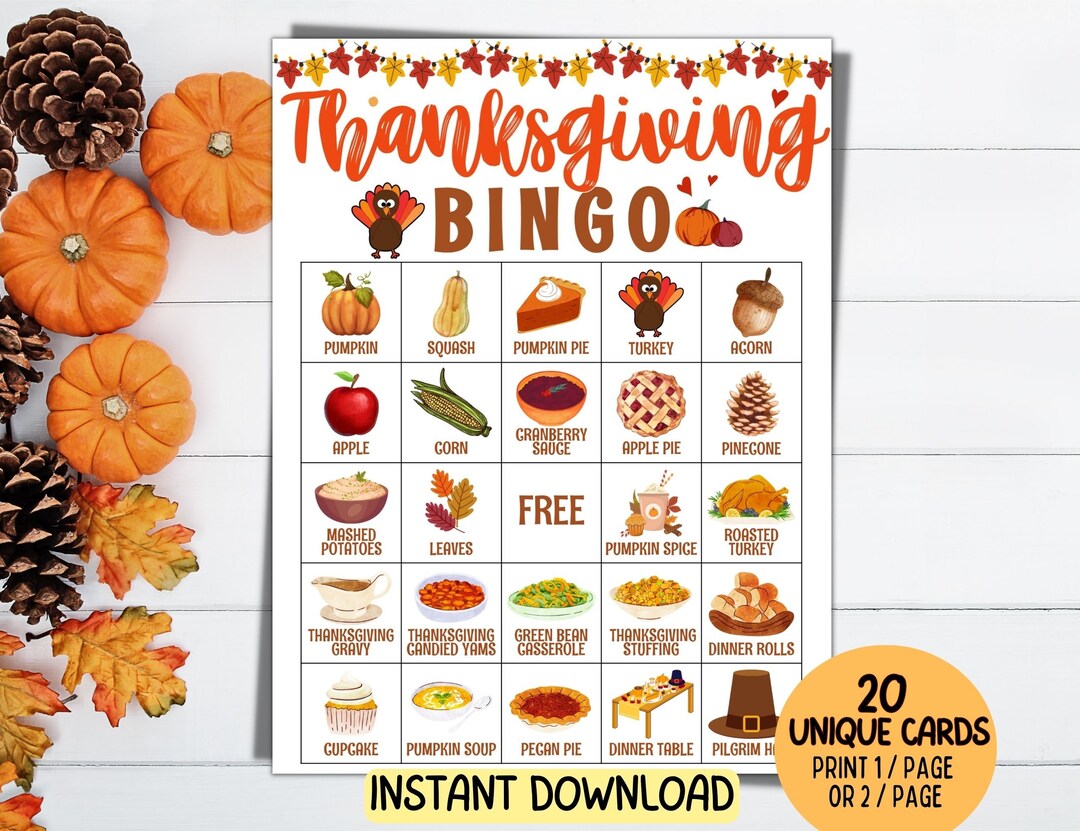 20 Thanksgiving Bingo Cards, Thanksgiving Bingo for Kids Adults, Family ...