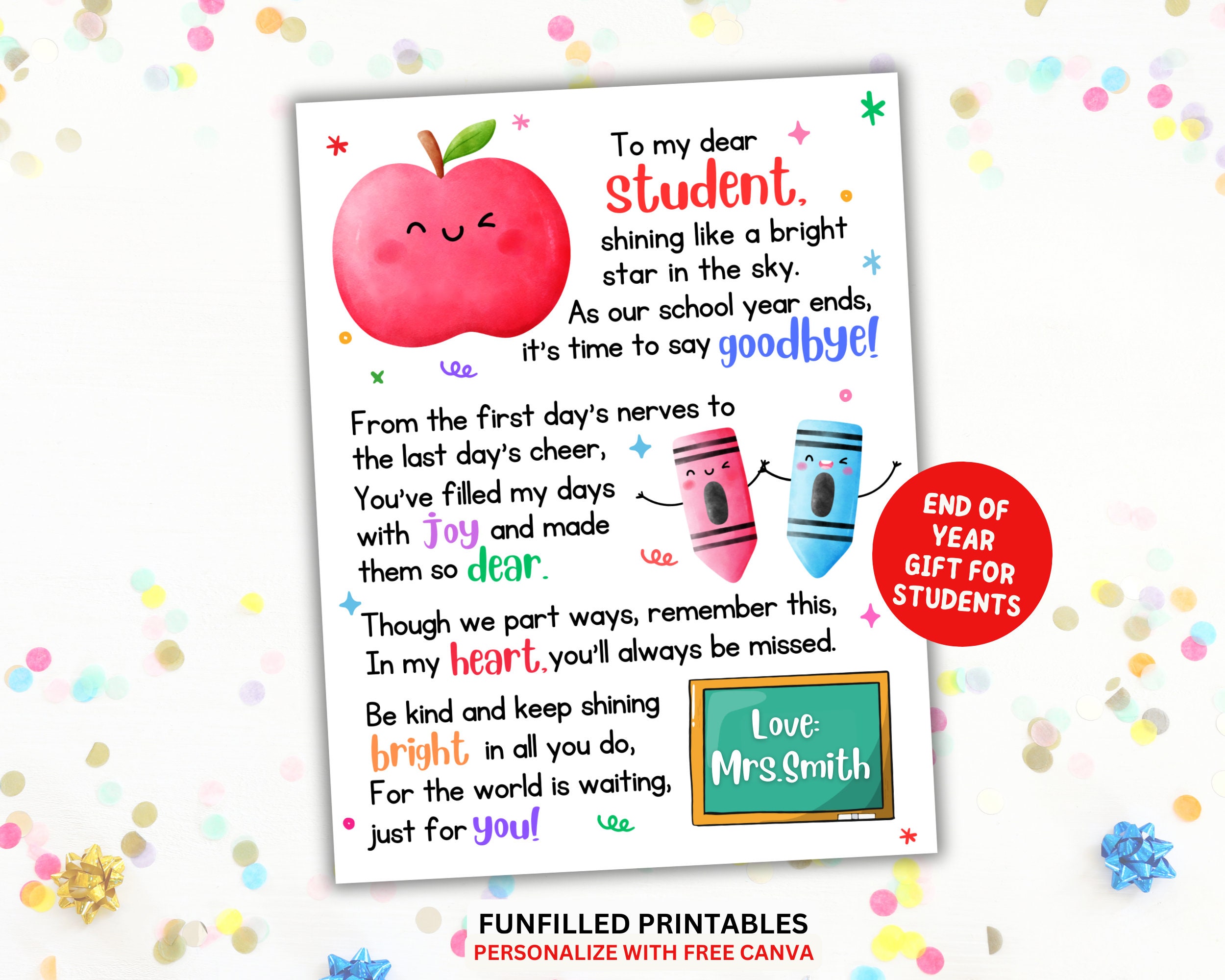 Carta de fin de año escolar para estudiantes, regalo de estudiante del ...