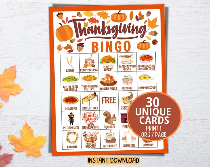 30 Thanksgiving Bingo Cards, Printable Thanksgiving Games for Kids ...
