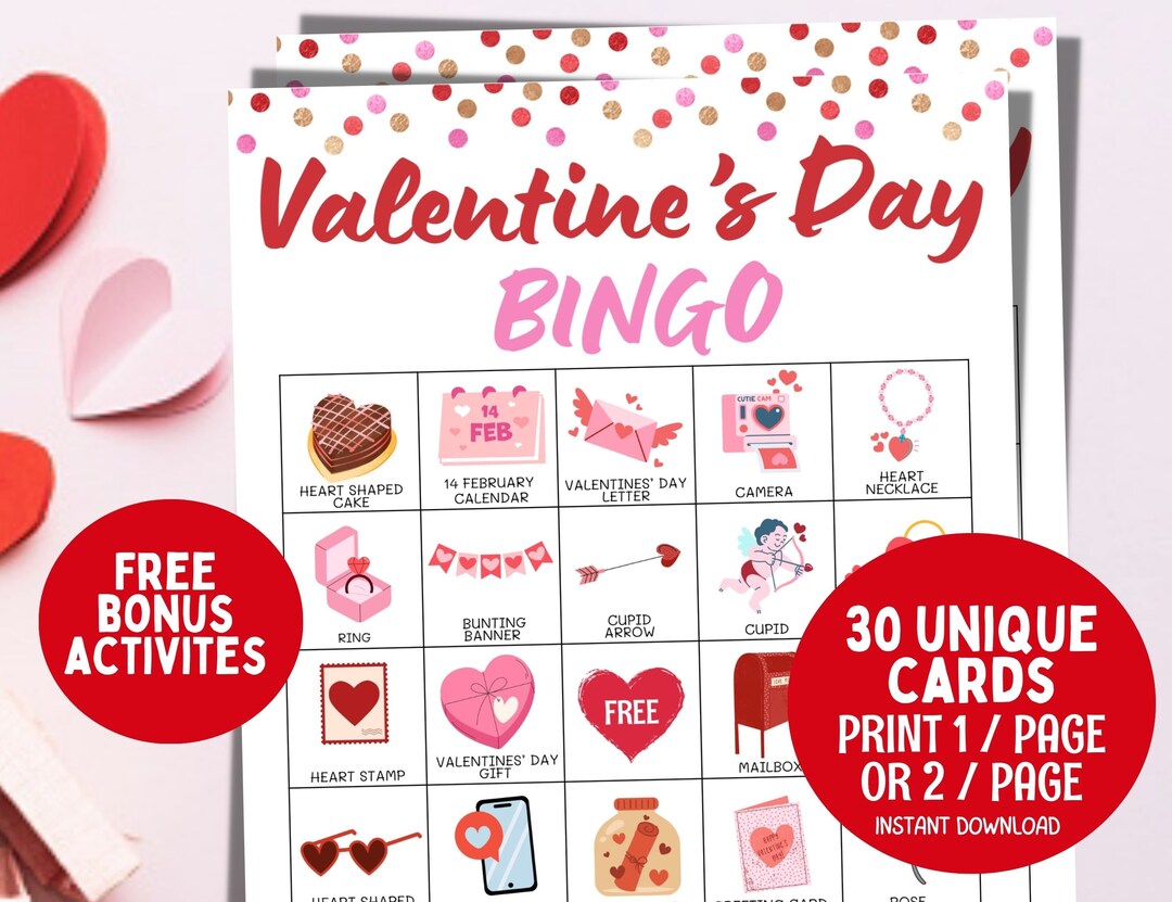 30 Valentine Bingo Cards, Printable Valentines Day Bingo, Family Kids ...