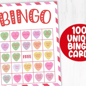Valentines Day Bingo Conversation Hearts Game, 100 Printable Valentines ...