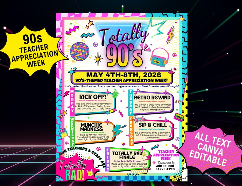 90s Teacher Appreciation Week Theme Flyer Template Canva Editable ...