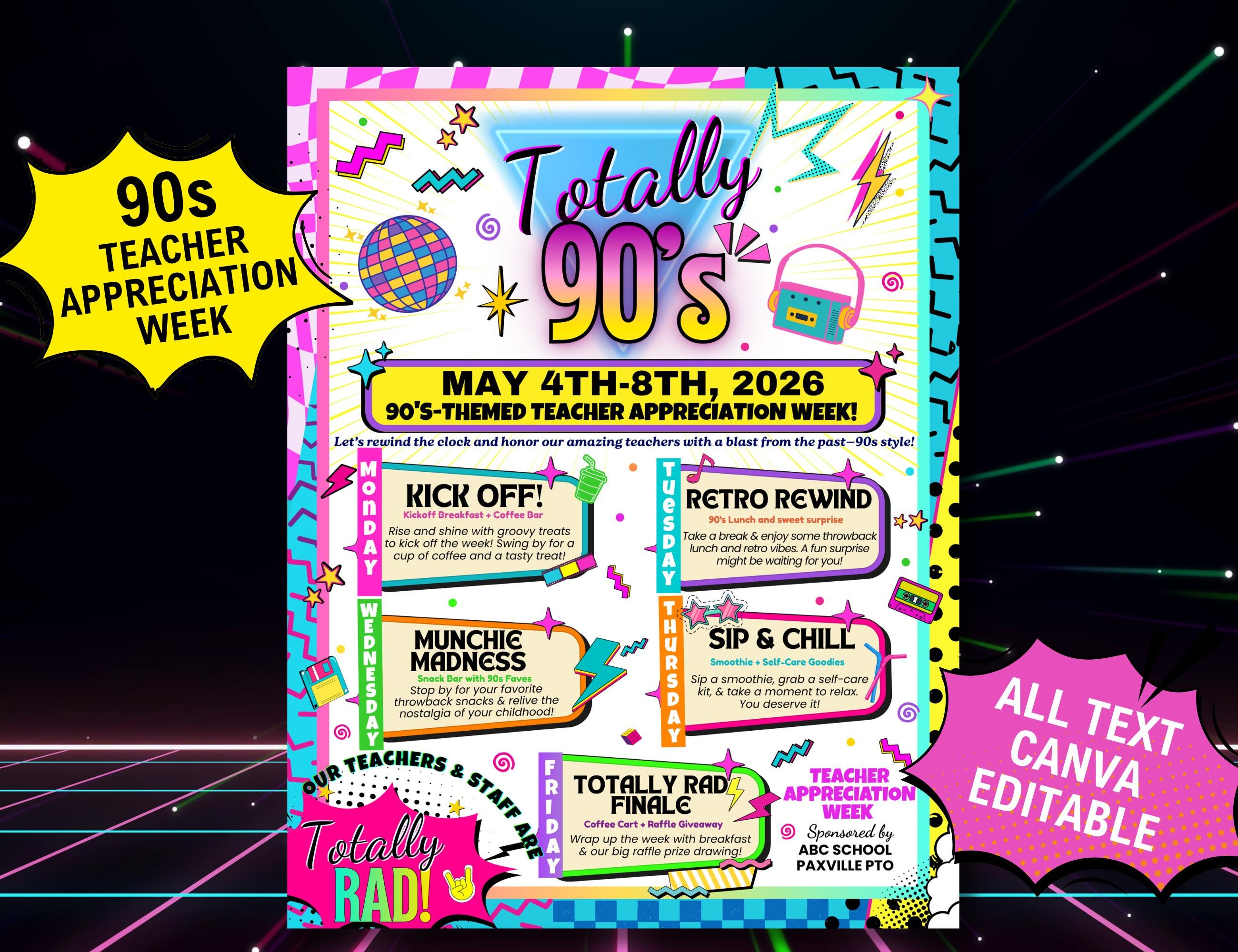 90s Teacher Appreciation Week Theme Flyer Template Canva Editable ...