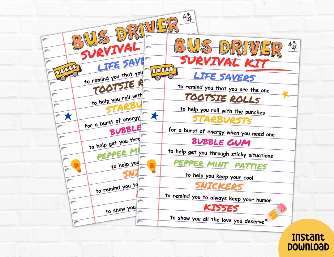Bus Driver Survival Kit Gift Tag, School Bus Driver Thank You, Bus ...