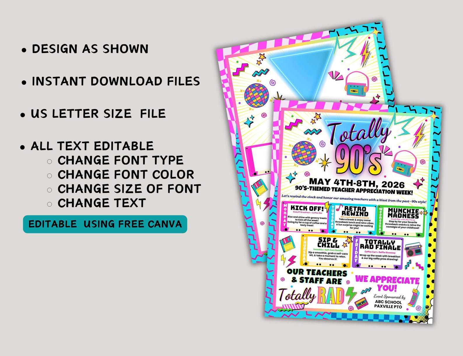 Retro 90s Theme Teacher Appreciation Week Flyer Template Canva Editable ...
