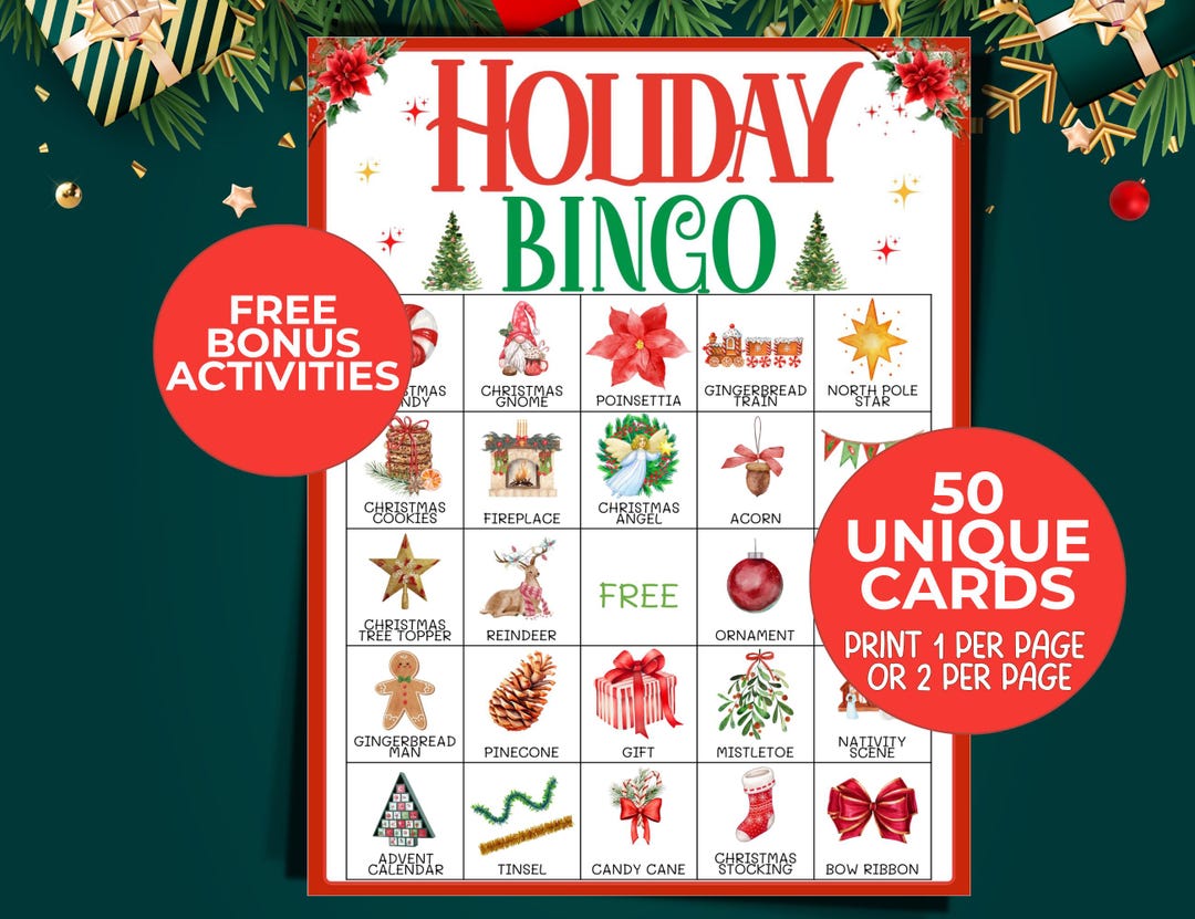 50 Holiday Bingo Cards, Holiday Party Games for Adults Kids, Printable ...