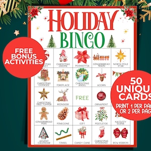 50 Holiday Bingo Cards, Holiday Party Games for Adults Kids, Printable ...