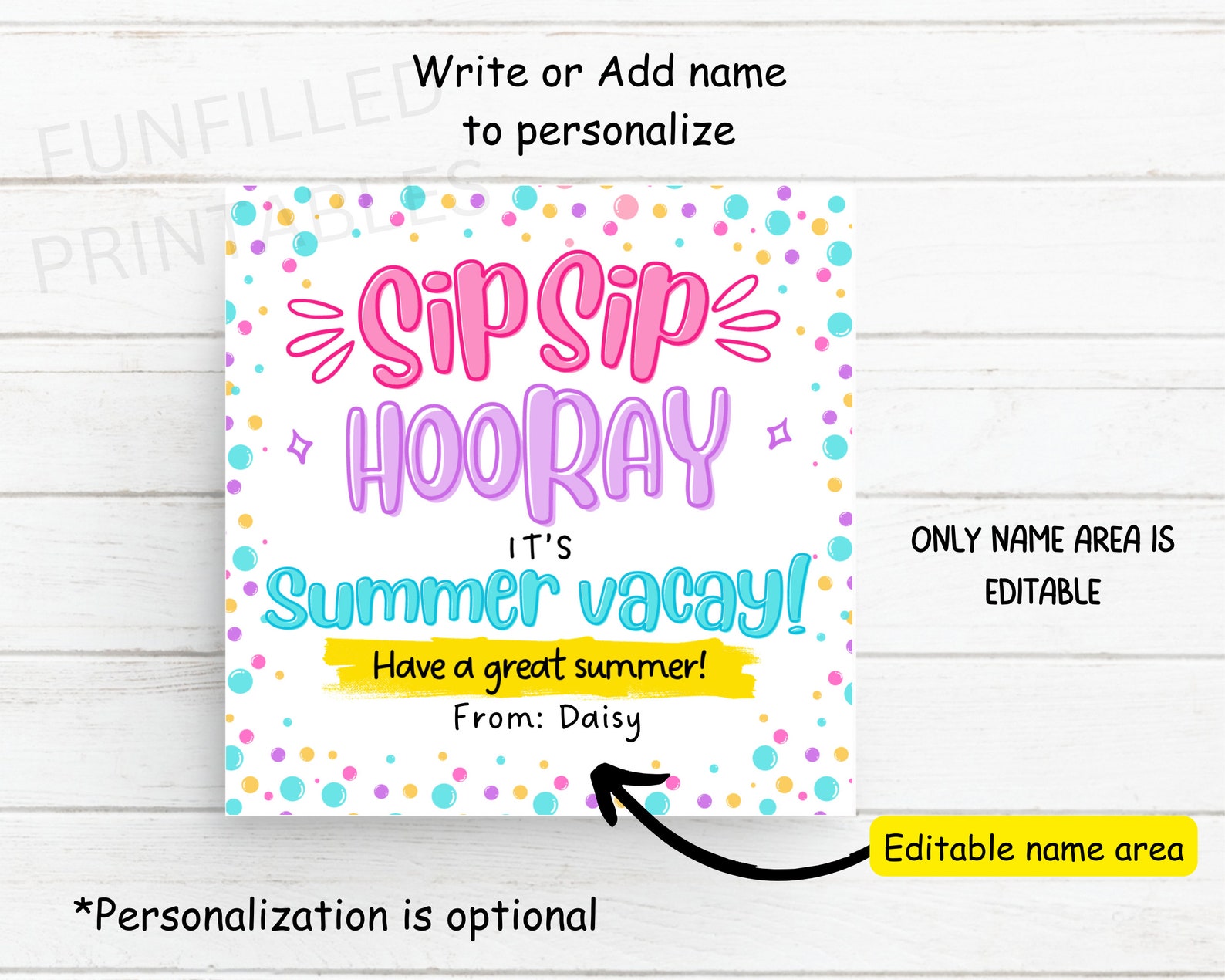 Sip Sip Hooray Summer Gift Tag, Summer Vacay End of School Teacher ...