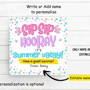 Sip Sip Hooray Summer Gift Tag, Summer Vacay End of School Teacher ...